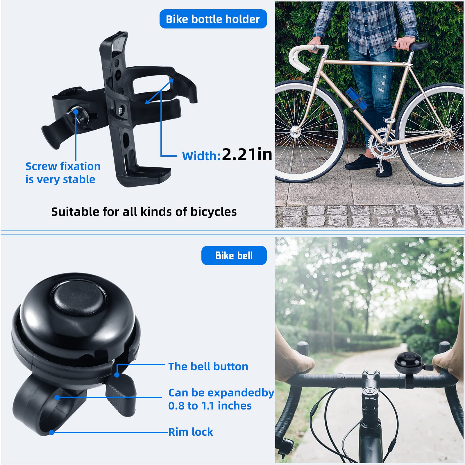 8-Piece Bicycle Accessories, USB Rechargeable Bicycle lamp, Solar headlamp, Bicycle Lock, Bicycle Mobile Phone Rack, Bicycle Water Cup Holder, Bicycle Mirror, Bicycle Bell and air Pump
