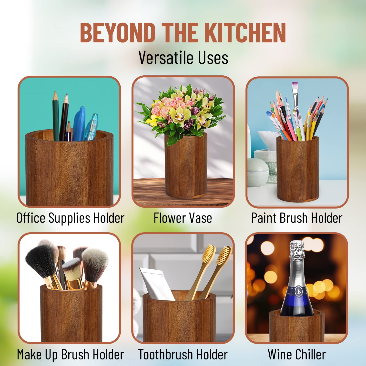 Acacia wood Utensil Holder for Kitchen Counter Decor, Flatware & Utensil Storage Organizer - Kitchen Utensil Organizer for Countertops, Pantry, Bathroom, Office & Center Table