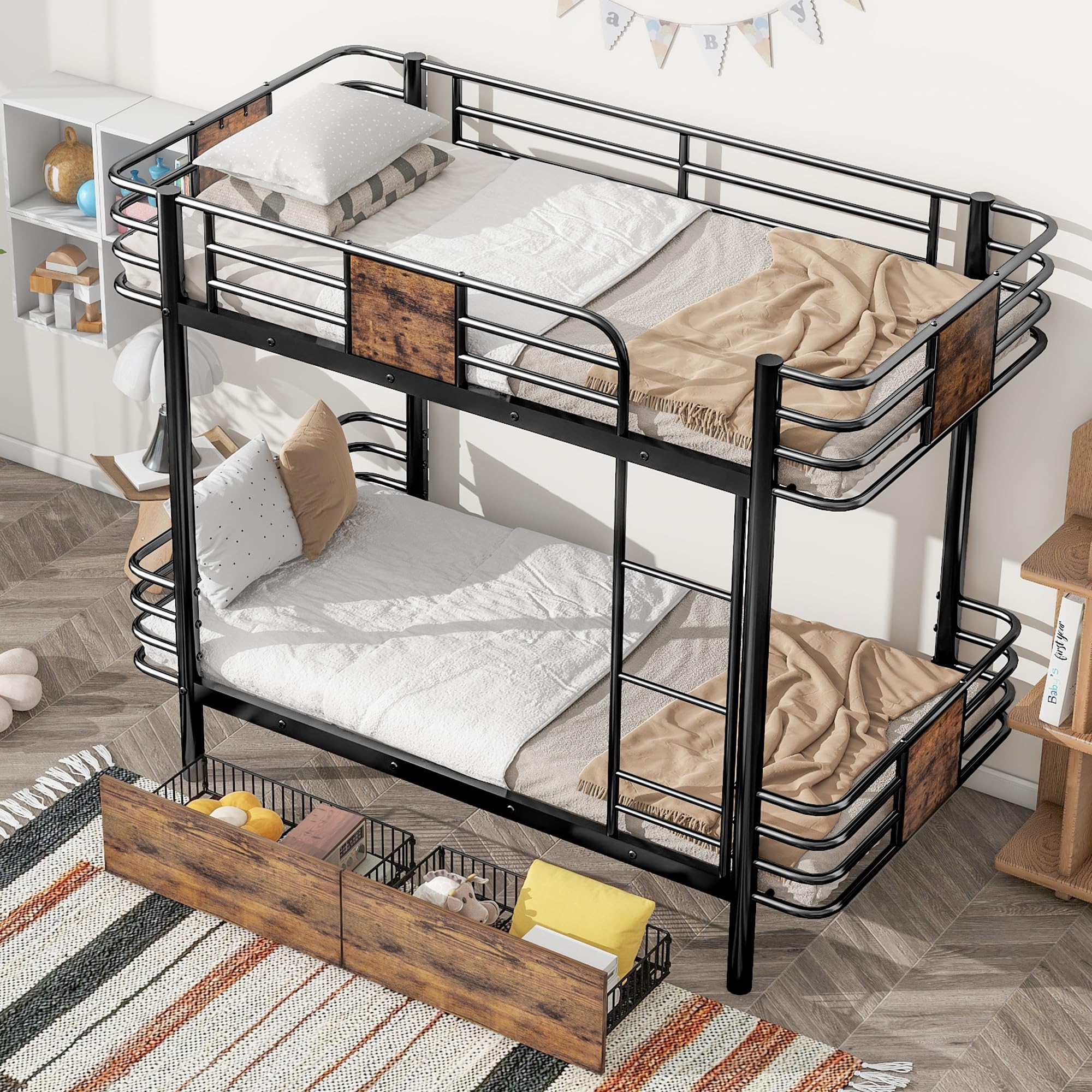 CKLMMC Twin XL Over Twin XL Metal Bunk Bed with MDF Board Guardrail and Two Storage Drawers for Kids Teens Adults