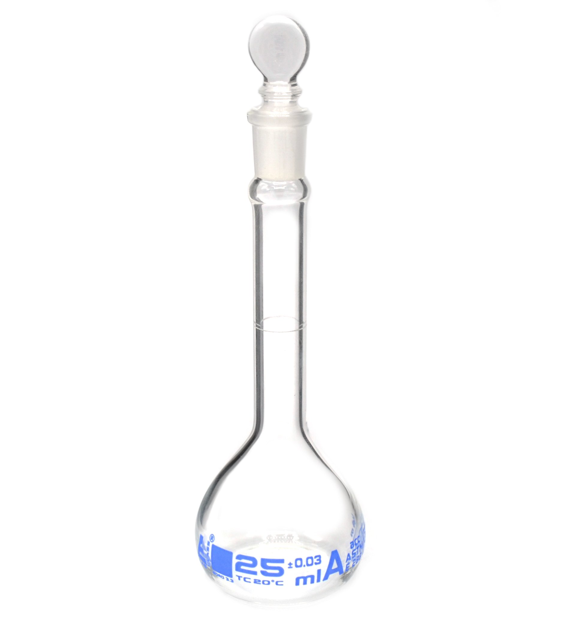 EISCO Volumetric Flask, 25ml - Class A, ASTM - Tolerance ±0.030 ml - Glass Stopper - Single, Blue Graduation