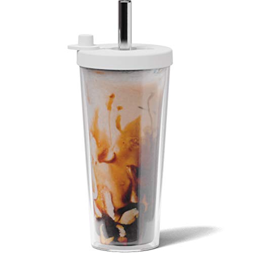 Reusable Boba Cup with Resealable Lid Plug - 17 Oz Double Wall Insulated | Smoothie Tumbler | Wide Stainless Steel Straw For Bubble Tea, Boba Pearls - White