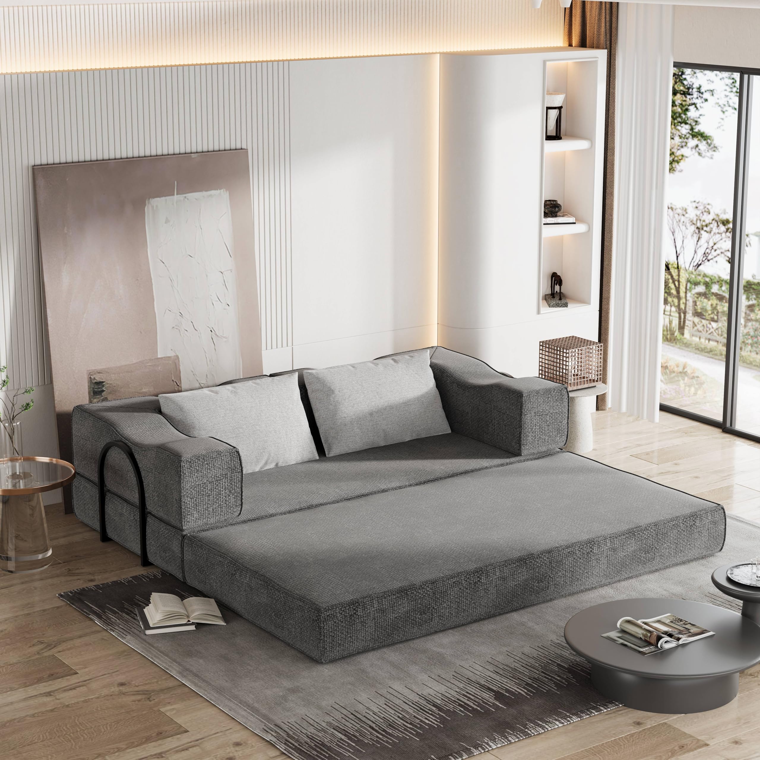 80" Folding Floor Sofa Bed Modular Futon Couch Bed with 2 Pillows 3-Seat Folding Sleeper Sofa&King Size Bed Mattress,DIY Combination Convertible Chenille Sofa Bed for Living Room Apartment (Grey)