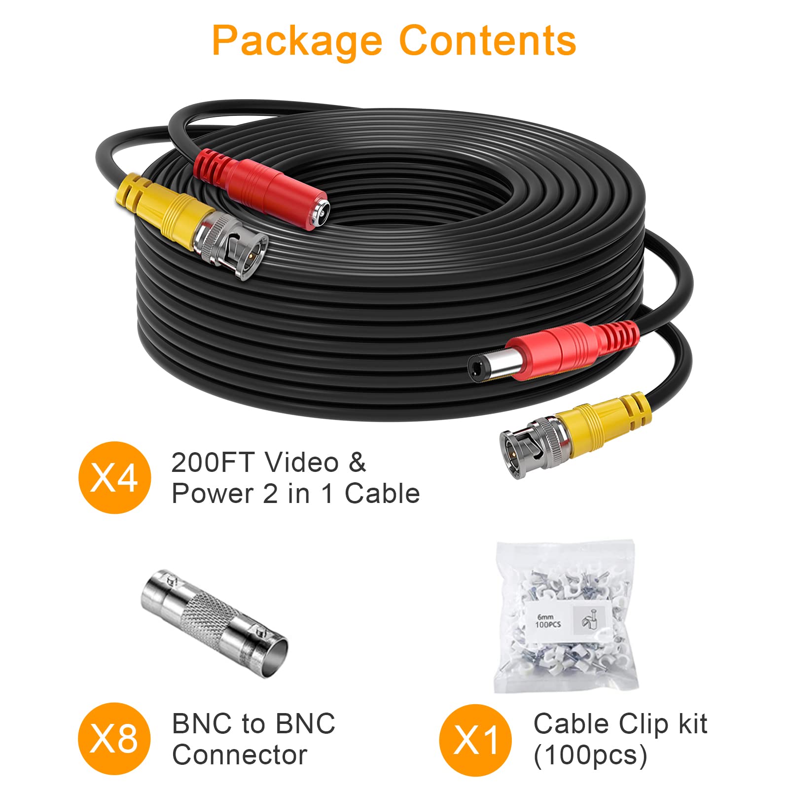 WildHD 4x200ft BNC Cable All-in-One Siamese Video and Power Security Camera Cable Extension Wire Cord with 2 Female Connectors for All Max 5MP HD CCTV DVR Surveillance System, 200ft 4pack Cable, Black