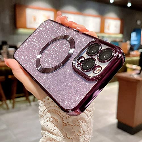 aowner Magnetic Case for iPhone 14 Pro Glitter Case, Luxury Plating Cute Bling with Camera Lens Protector, Compatible with MagSafe, Slim Thin for Women Girls Protective Clear Phone Case, Purple