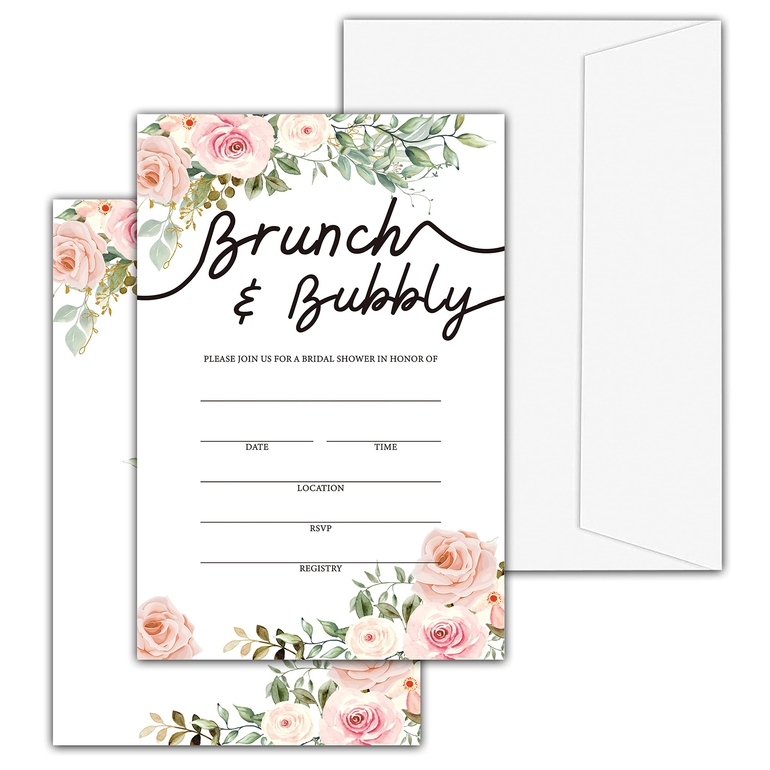 Boho Floral Greenery Brunch & Bubbly Invitations with Envelopes for All Occasions, 25 Pcs Champagne Brunch Blank Fill-in Invites for Bridal Shower, Wedding Reception, Engagement Party(04)