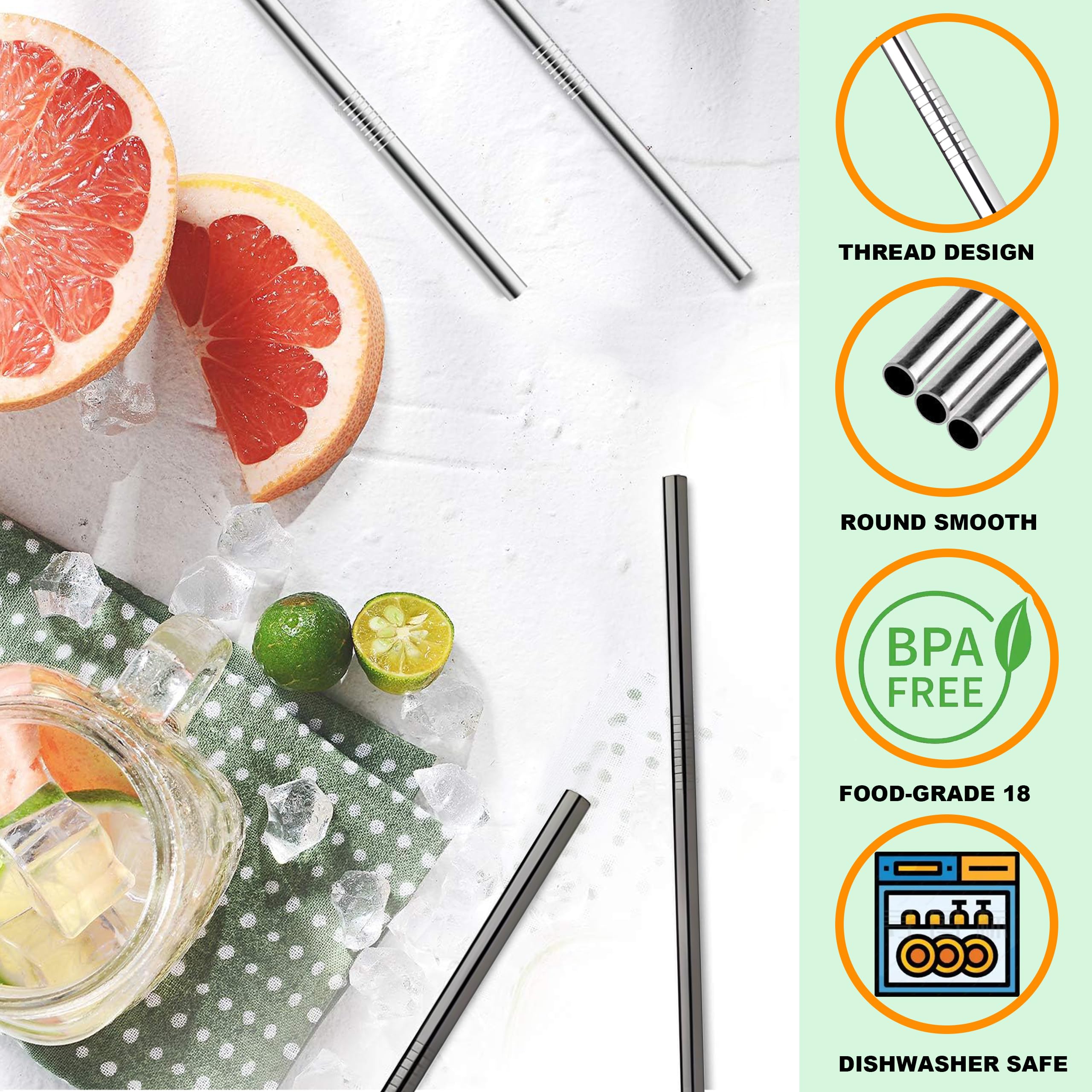 5 PCS Metal Straws Reusable with Silicone Tip and Cleaning Brush, Stainless Steel Straws Replacement for 40 oz Stanley Tumbler and 24 oz Cup (8mm Sliver)