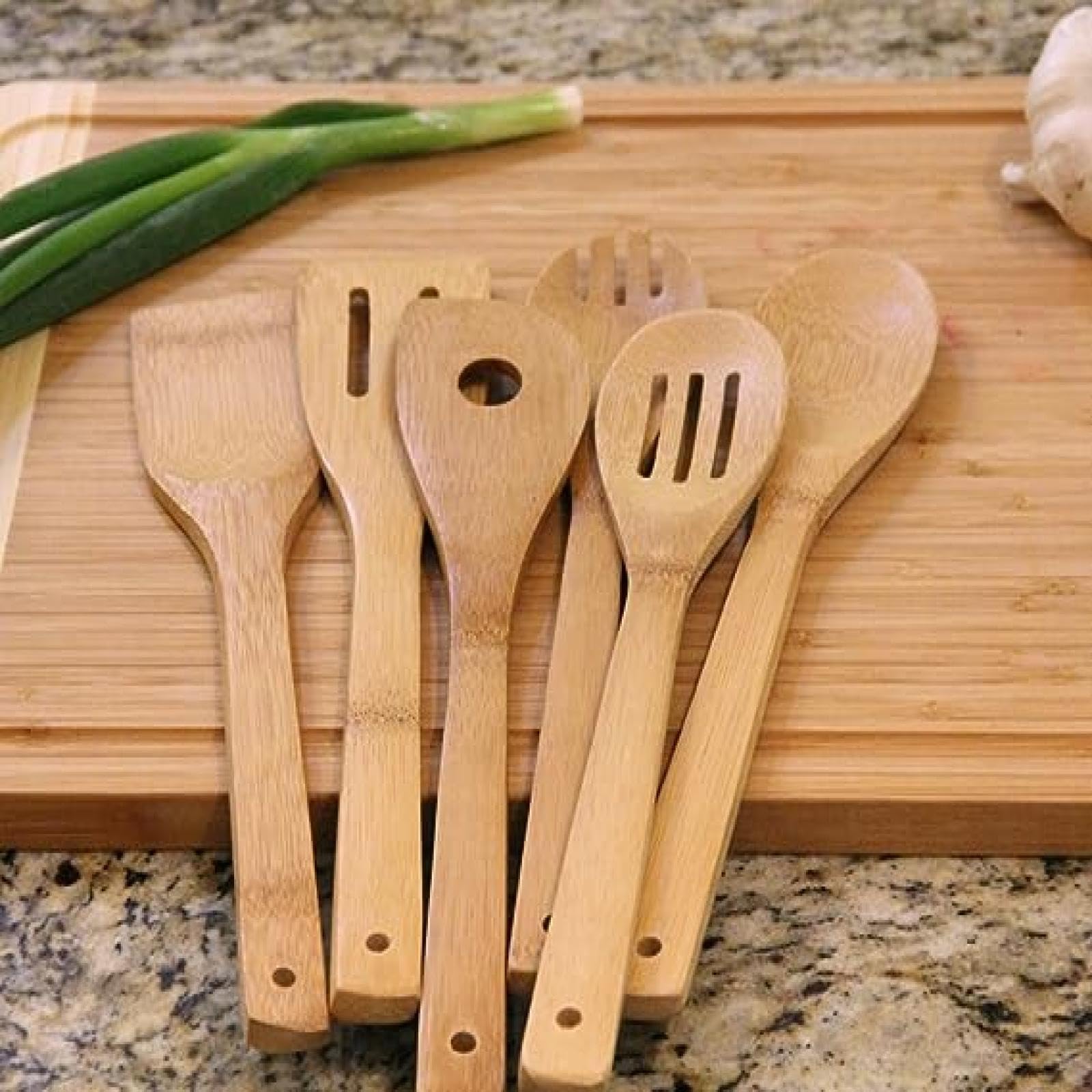 7 Pieces Bamboo Kitchen Utensils Set, Nonstick Pan, Stir-frying Spatula, Wooden Cutlery, Cooking Spoon, Hanging Knife, Round Fork