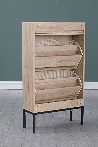 Brafab Shoe Storage Cabinet with 2 Flip Drawers&1 Small Drawer, Slim Entryway Shoe Organizer with Half Round Woven Rattan Doors for Sneakersā¦