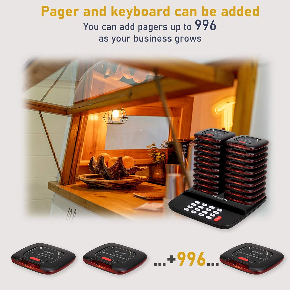 Retekess TD183 Restaurant Pager System Long Range, Order Ready Buzzer, 2624ft, 20 Hours Standby Time, 20 Rugged Coaster Pagers for Warehouse, Cafes, Parks