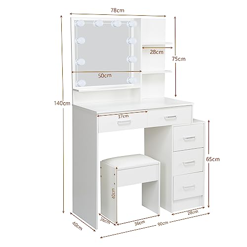 Buildonely Hollywood Girls Vanity Set with 5 Storage Drawers, Makeup Table Set with Wide Desktop and Cushioned Stool, Dressing Desk White Vanity Mirror with Lights for Bedroom