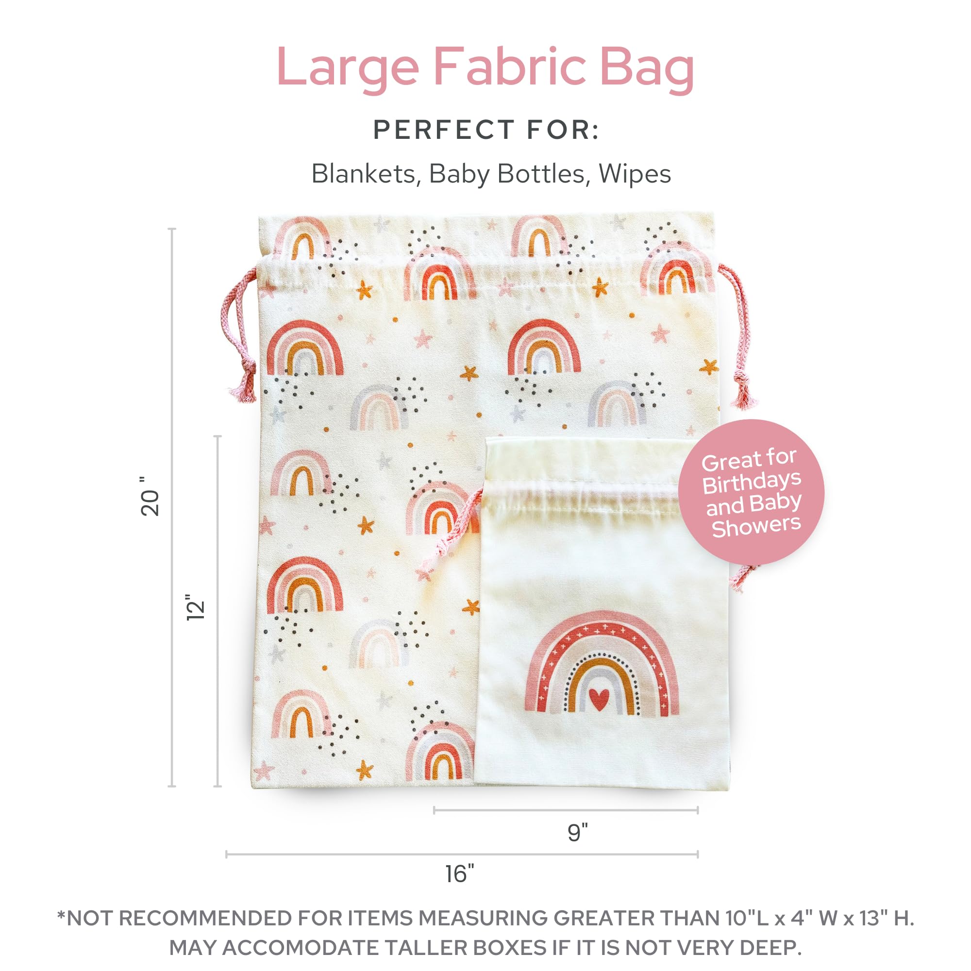 Gather & Knot Drawstring Gift Bags | 20" Large 12" Small | Premium Canvas | Reusable Fabric Wrap for Baby Shower or Girl Birthday | Rainbow