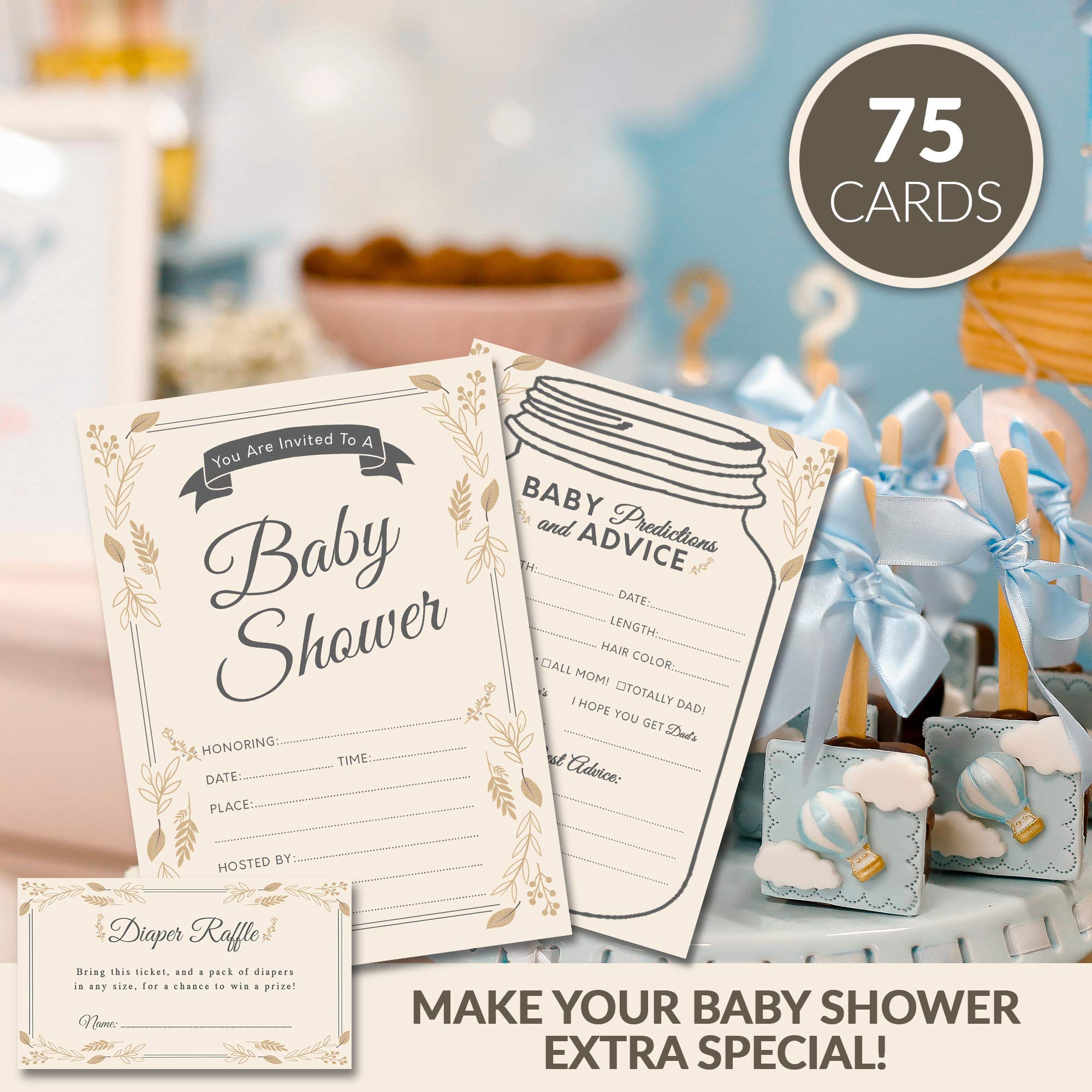 Simple-Glee Baby Shower Invitations Kit - 25 Gender Neutral Rustic Invites, Prediction and Advice Cards, Diaper Raffle Tickets - comes with Envelopes
