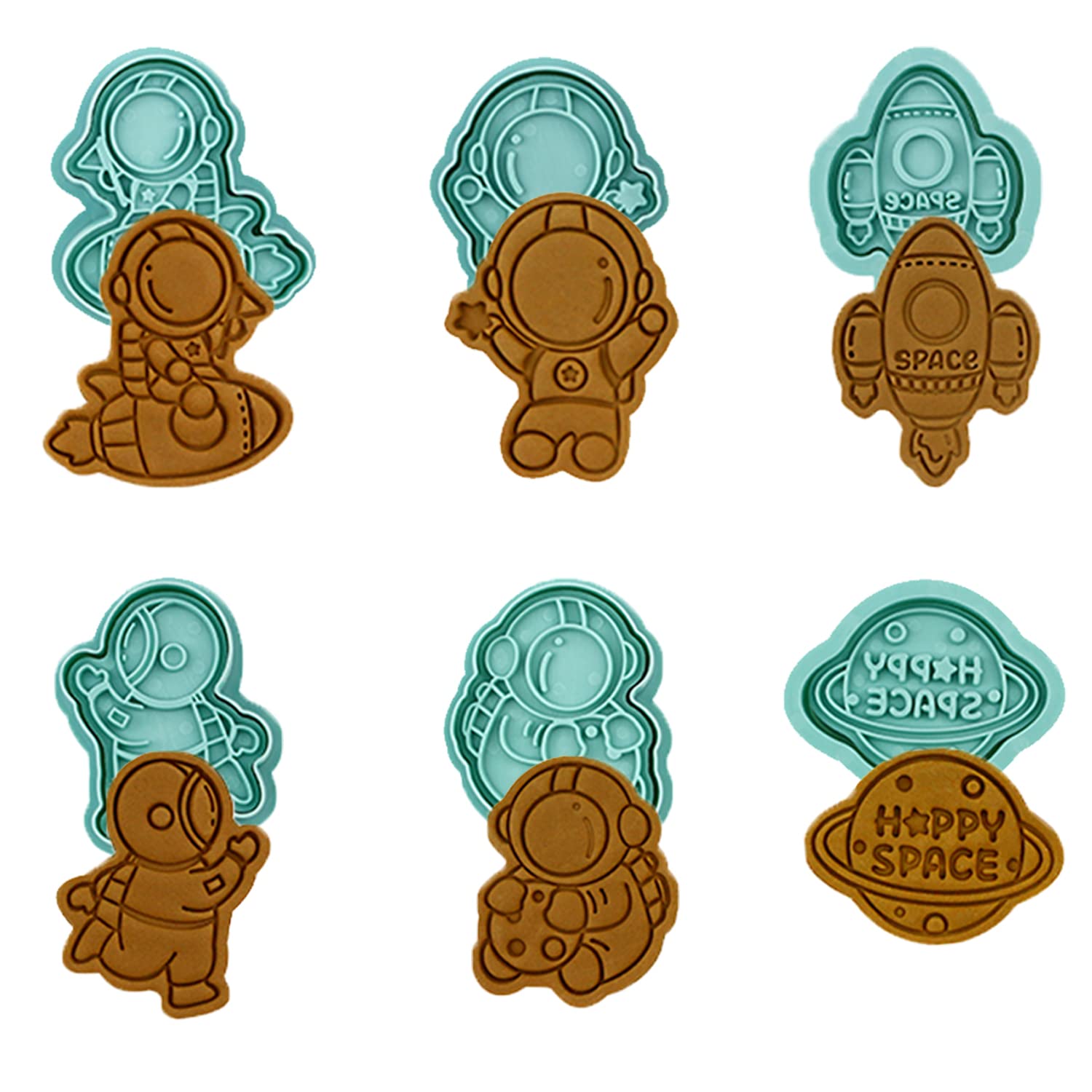 Astronaut 3D Cookie Cutters with Plunger Stamps Set, 6 Pcs Cartoon Pressable Biscuit Cutters Shape for Treats DIY Baking Cookie Supplies