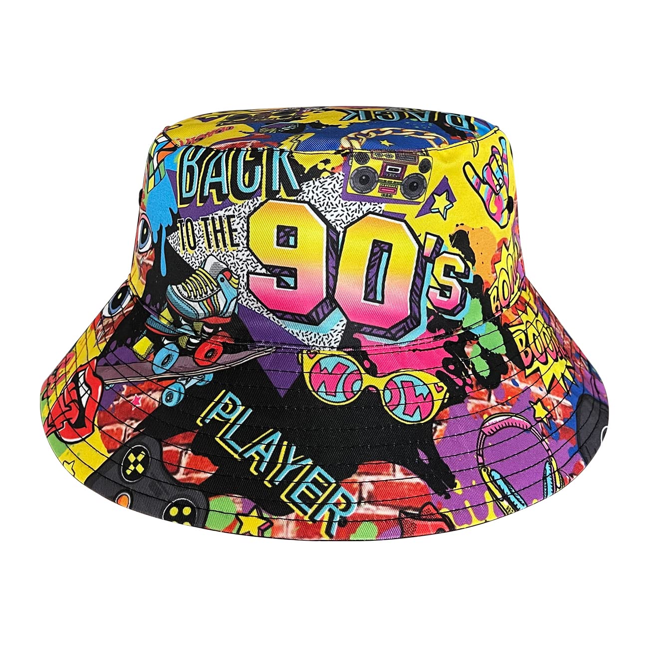 80s/90s Bucket Hat for Men Women, Packable Reversible Printed Sun Hat for Womens Men, 100% Polyester Material, UV Protection (Youth and 90s)