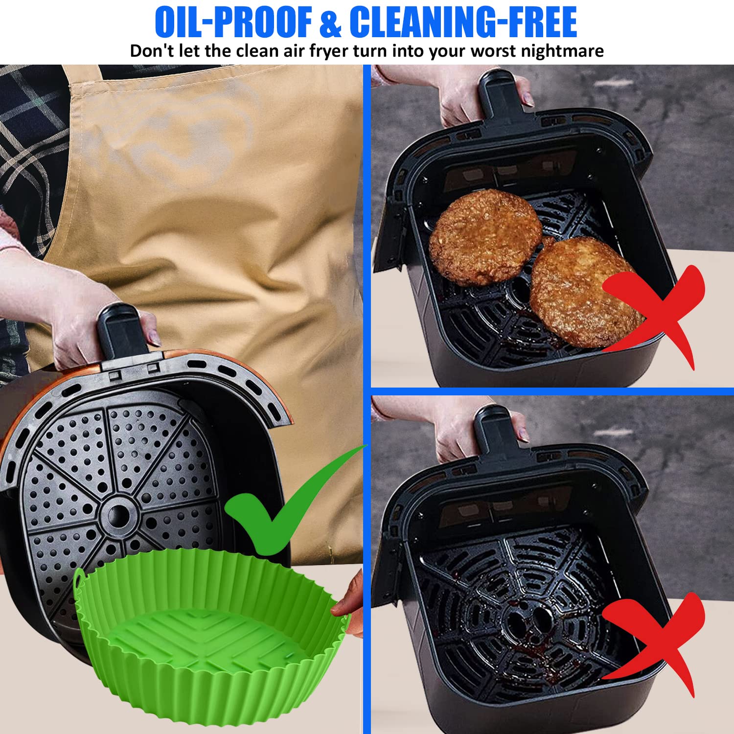 Air Fryer Liners with Oven Mitts and Pastry Brush β 7.5 x 7.5 x 2.5 Inches Reusable Air Fryer Liners Silicone Set with Basting Brush and Oven Gloves β Durable Silicone Material