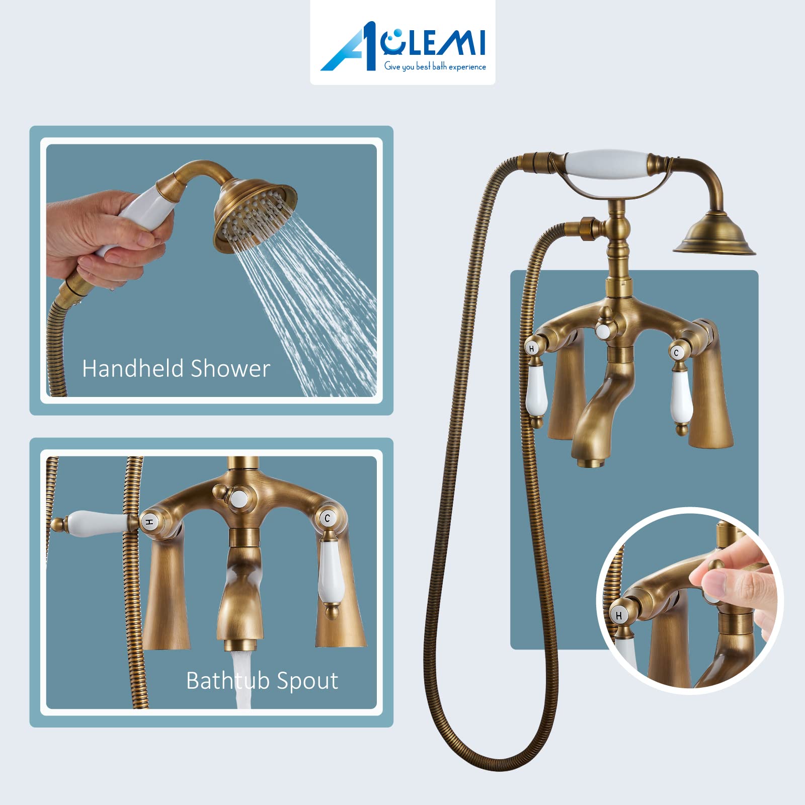 Aolemi Clawfoot Tub Faucet with Handheld Spray and Bathtub Spout Double Lever Handle Bathroom Mixer Tap Victoria Vintage Telephone Shape Shower Set Deck Mount Antique Brass