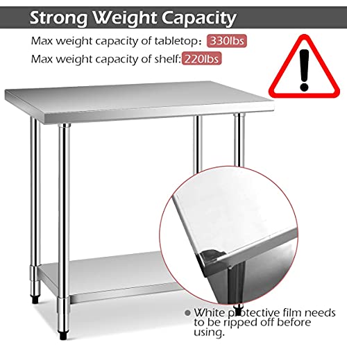 Giantex 36 x 24 Inches Stainless Steel Work Table, Commercial Kitchen Prep Work Table with Galvanized Shelf, Adjustable Plastic Feet, Heavy Duty Work Prep Table for Kitchen, Restaurant