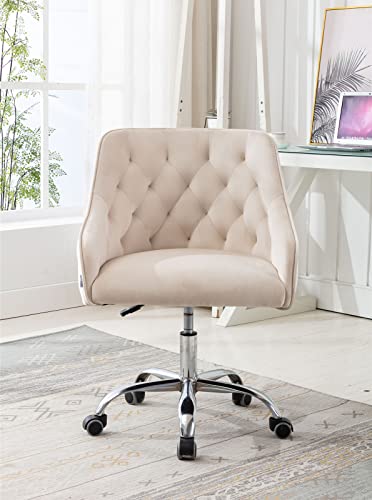Baysitone Velvet Home Office Desk Chair, Modern Swivel Task Armchair with Adjustable Height, Upholstered Tufted Accent Computer Chair for Home and Office Working or Studying, Beige