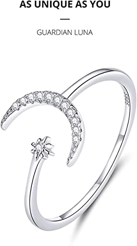 925 Sterling Silver, Moon Ring, Women'S Zircon Adjustable Ring