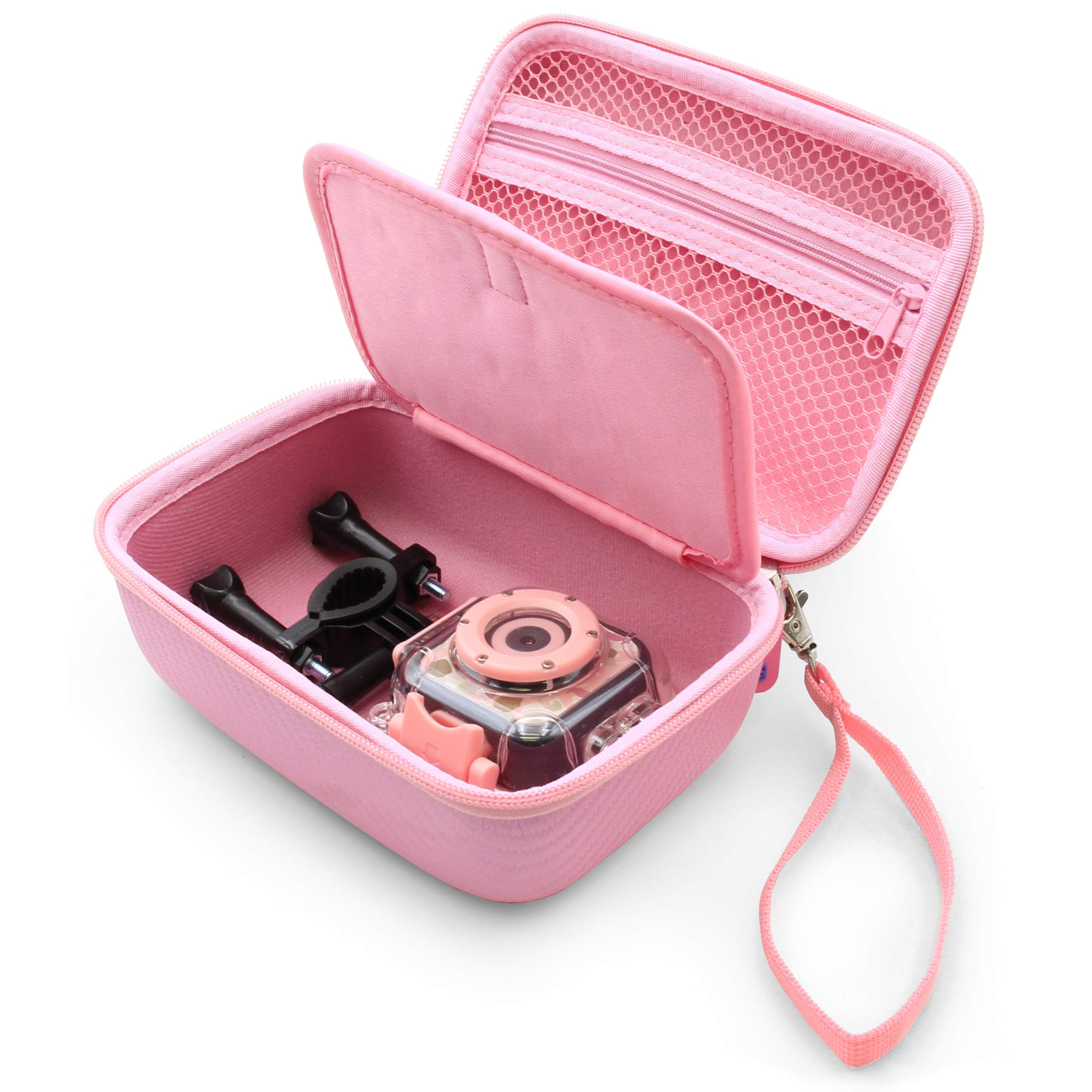 CASEMATIX Camera Travel Case Compatible with PROGRACE, Ourlife, Dragon Touch and More Waterproof Toy Camera Video Recorders - Pink Case for Toy Action Camera and Accessories