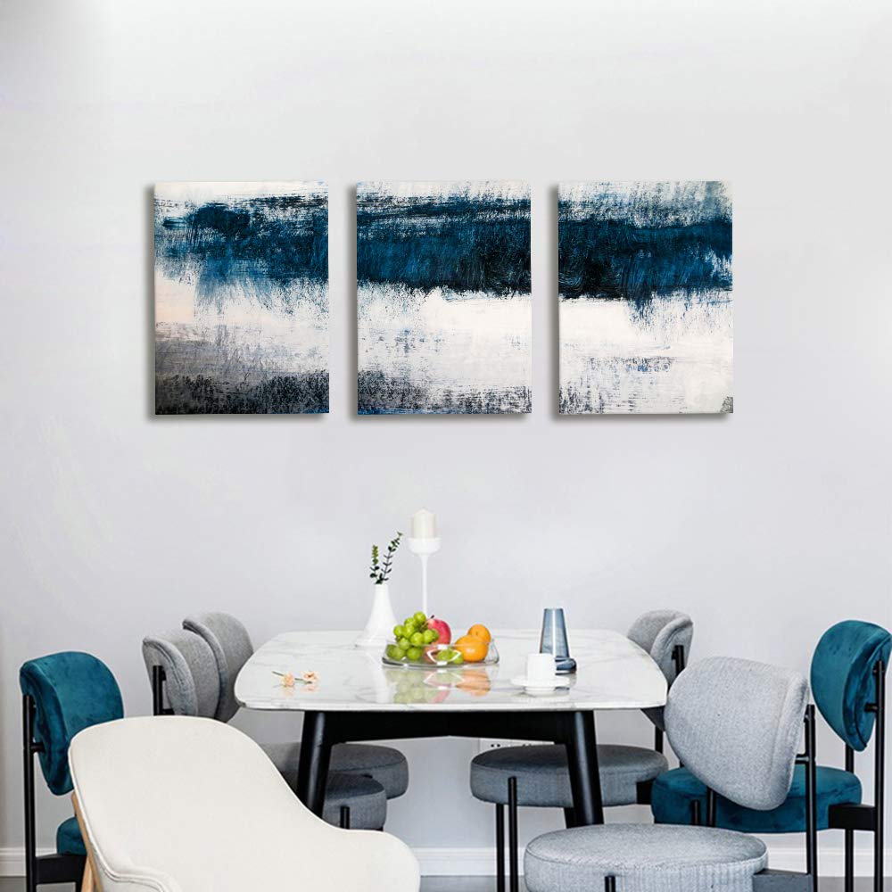 Abstract Canvas Wall Art Prints Painting Navy Blue Tones Modern Creative Artwork 3 Panels/Set Framed Bathroom Pictures Ready to Hang for Living Room Bedroom Office Kitchen Decorations 12"x16"x3…