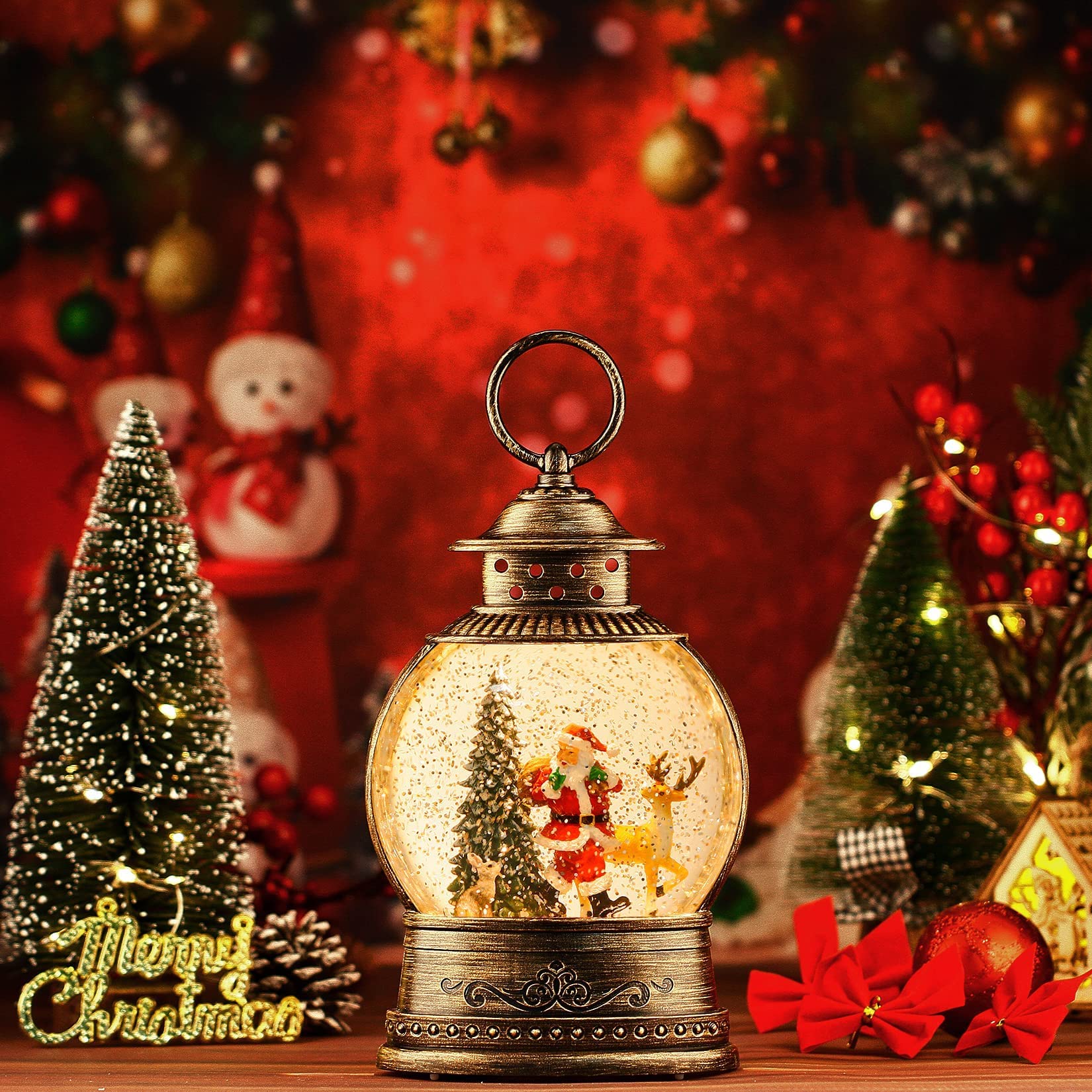 Christmas Snow Globes Musical with Santa Claus & Reindeer, Kikth Snowglobes Christmas Lantern Glitter Lighted for Christmas Decorations and Gift, Bronze