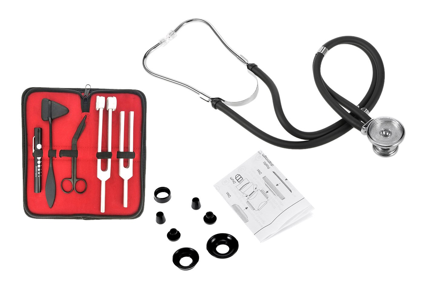 SURGICAL ONLINE Ultimate Medical Student Diagnostic Set - Premium Stethoscope & Tactical Black Set of 5 pcs Reflex Percussion Taylor Hammer + Penlight + Tuning Fork C 128 C 512 + Bandage Scissors 5.5