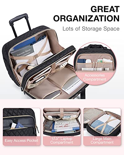 BAGSMART 17.3 Inch Rolling Laptop Bag Women Men,Rolling Briefcase for Women with Wheels,Rolling Computer Bags Laptop Case for Work Travel Business,Quilted Black