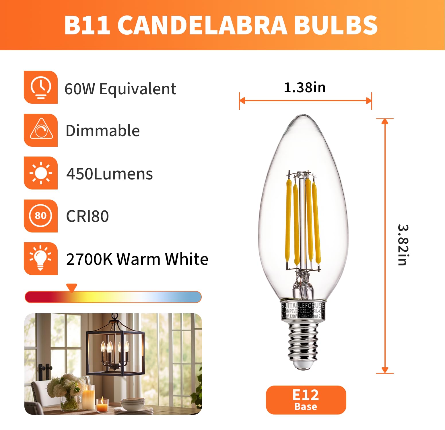 ALAMPEVER Chandelier Light Bulbs, 60W Equivalent Candelabra Bulb, E12 LED Bulb 2700K Soft White, 450LM, Candle Light Bulbs 6 Pack