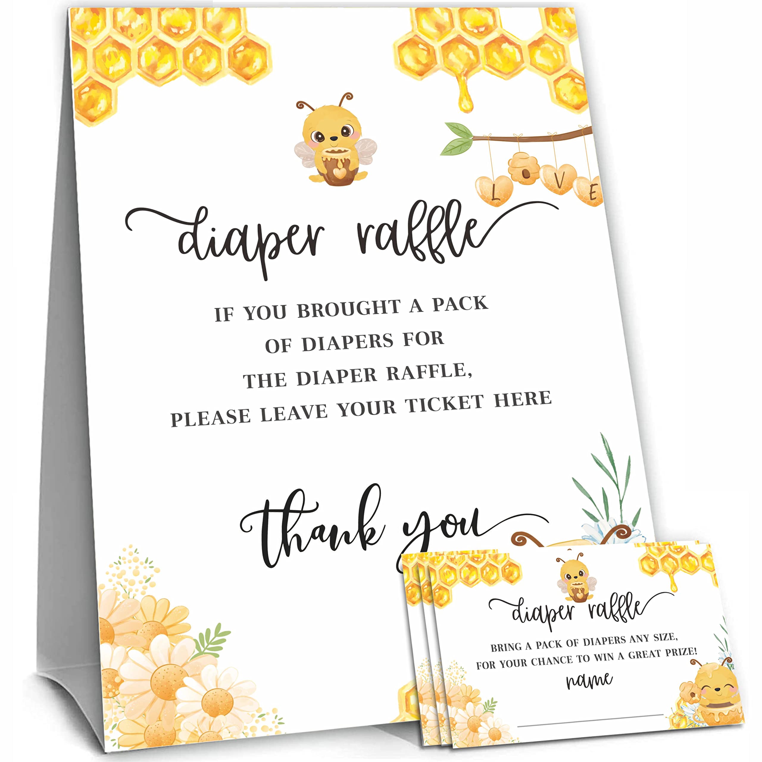 A Sweet As Can Bee Baby Shower Game Cards, 50 Diaper Raffle Tickets and 1 Self-standing Diaper Raffer Sign-(LBLK-002)