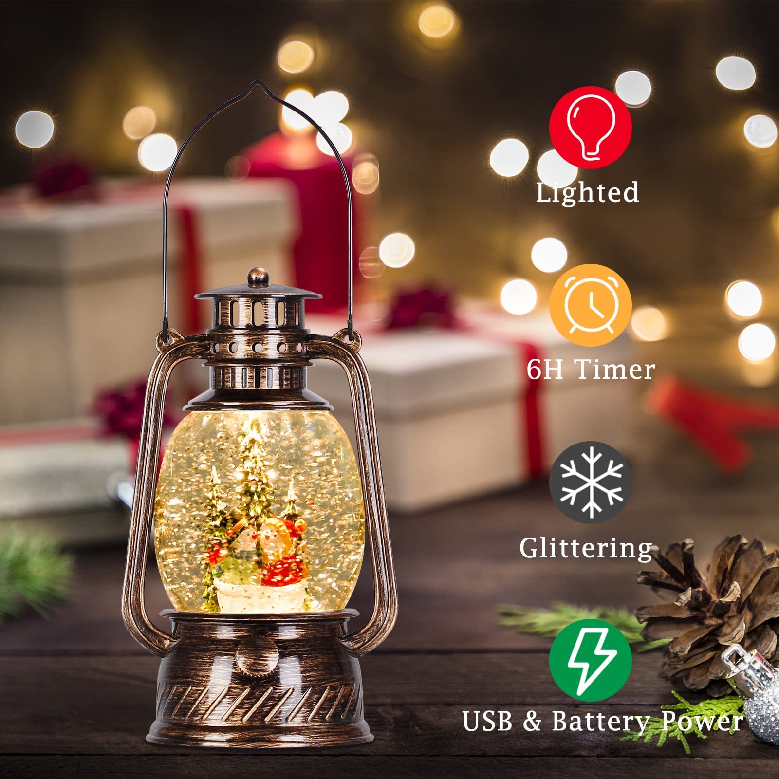 Christmas Snow Globes with Two Cute Snowman, Kikth Snowglobes Christmas Lantern Glitter Lighted for Christmas Decorations and Gift, Bronze