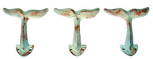 Rustic White Cast Iron Whale Tail Wall Hooks, 4 1/2 Inches, Set of 3