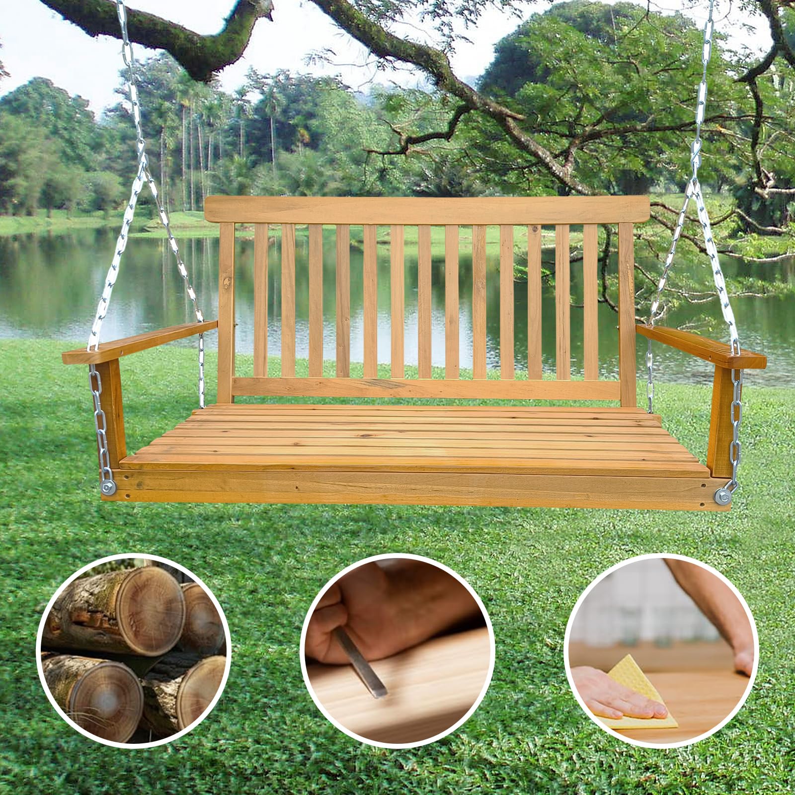 Front Yard Swing Bench Classic Teak Wooden Hanging Chains Easy Assembly Durable Solid Wood Porch Swing 47.2x28.15x23.62in