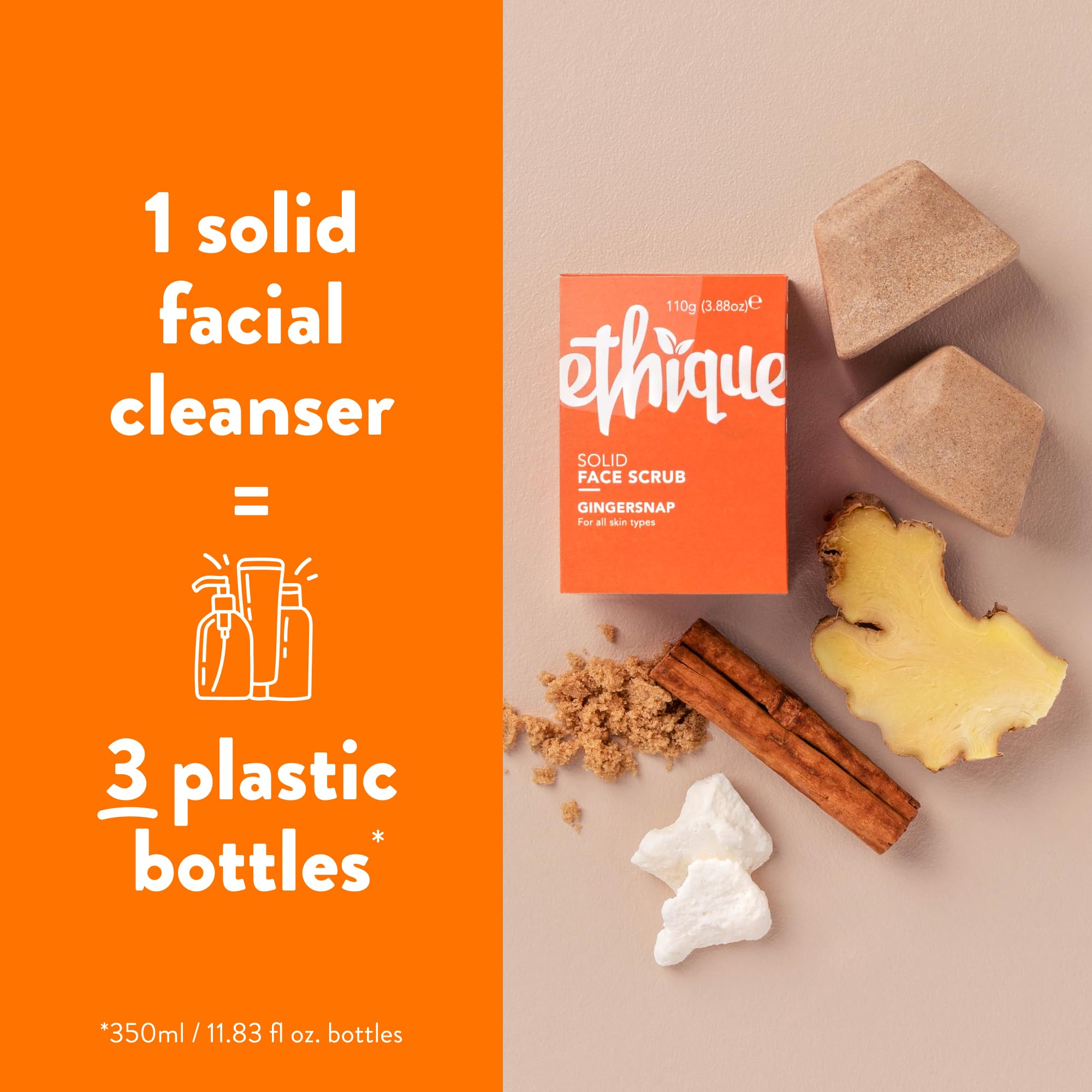 Ethique Gingersnap - Gentle Natural Solid Face Scrub - Exfoliating Face Cleanser for All Skin Types -Vegan, Eco-Friendly- Zero-Waste, Plastic-Free, Cruelty-Free, 3.53 oz (Pack of 1: 4 bars)