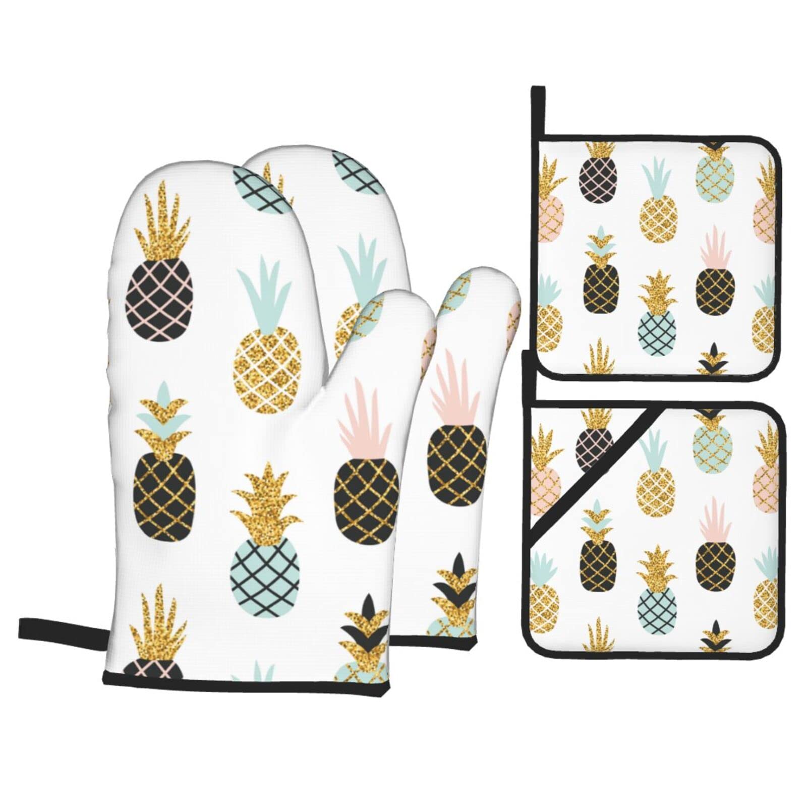 Abstract Tropical Fruit Pineapple Oven Mitts and Pot Holders Sets of 4,Non-Slip Heat Resistant Oven Gloves for Baking Cooking Grilling BBQ