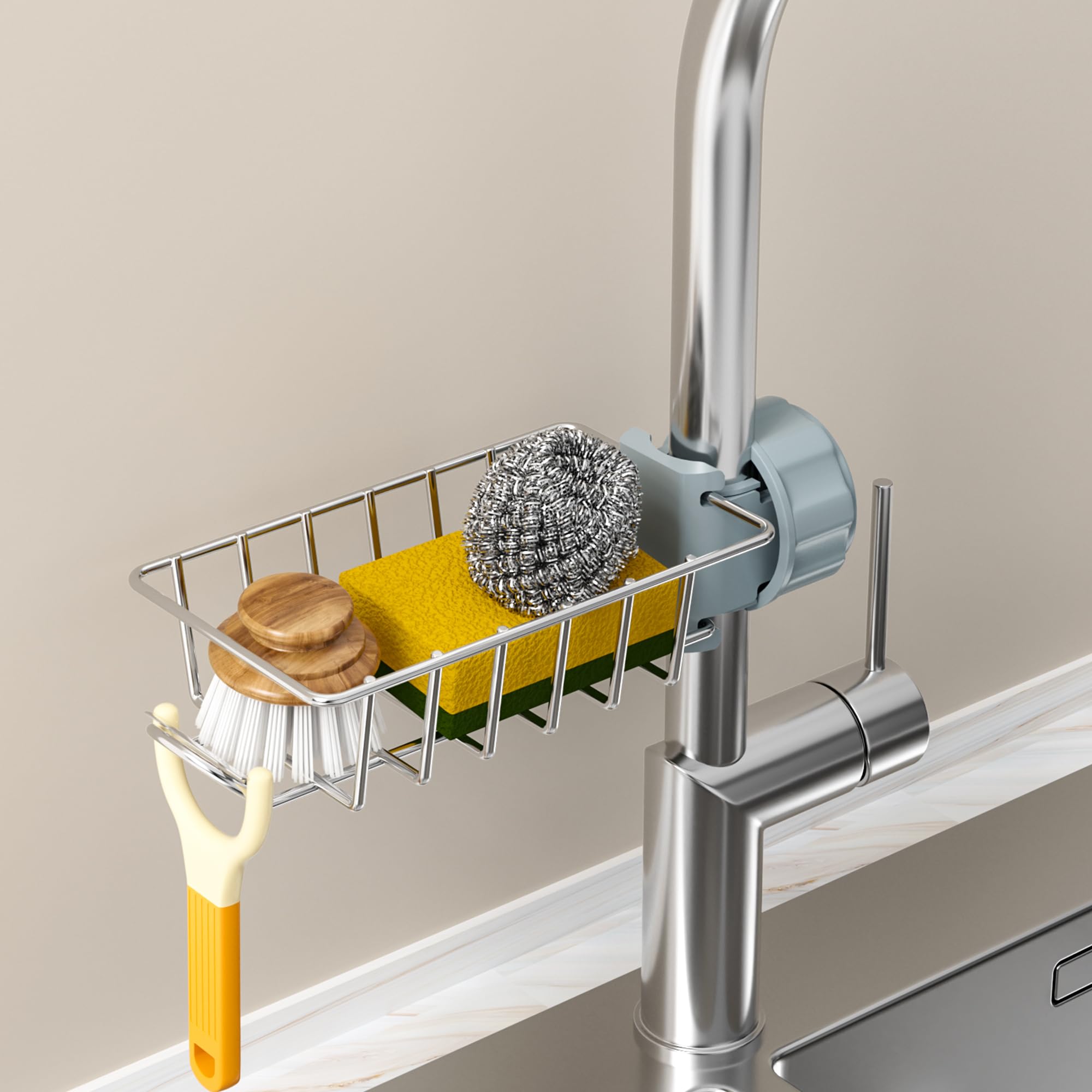 Aexbxoa Kitchen Sink Faucet Organizer, Sponge Holder for Kitchen Sink, Adjustable Detachable Stainless Steel Faucet Rack for Bathroom, Scrubbers, Soap