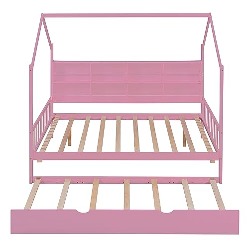 BIADNBZ Full Size House Platform Bed with Trundle and Storage Shelves, Wooden Daybed with Roof, Sofabed Frame for Kids/Teens Bedroom, Pink