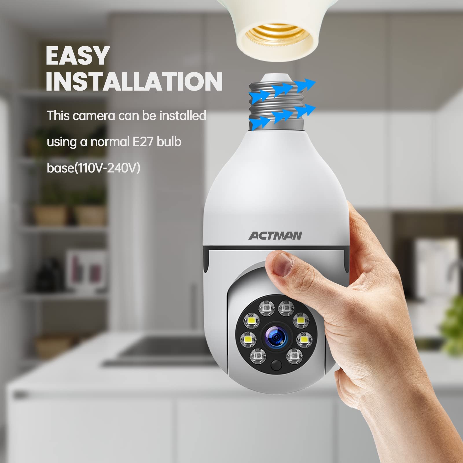 ACTMAN 2PCS 1080p Light Socket Security Camera Outdoor,2.4G WiFi Light B ulb Security Camera,WiFi Camera Outdoor,360 Degree Panoramic Camera,Motion Tracking, Color Night Vision Two-Way Dialogue.