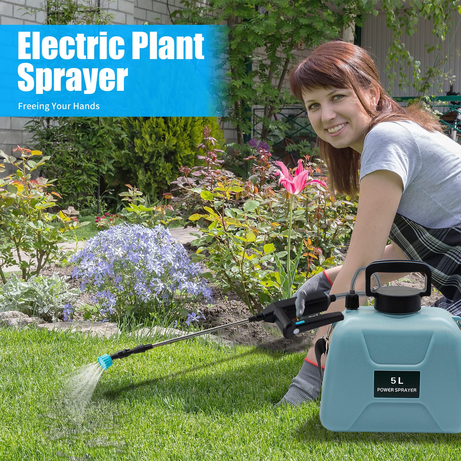 𝟳.𝟰 𝗩 Battery Powered Pump Sprayer with 3 Mist Nozzles, 1.35 Gallon Electric Garden Sprayer with USB Rechargeable Handle, Telescopic Wand, Portable Lawn Weed Sprayer with Adjustable Shoulder Strap