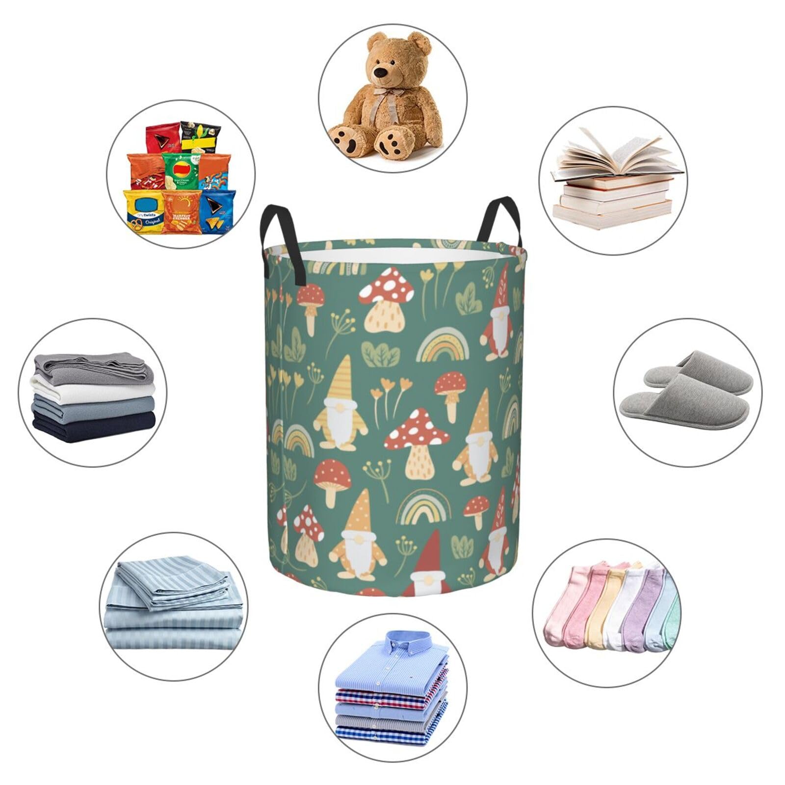 AFHYZY Gnome Laundry Hamper Collapsible Laundry Baskets with Handles Dirty Foldable Clothes Basket Easy Carry Laundry Bag Round Storage Basket for Blanket, Bedroom, Dorm, Family (S) -Mushroom