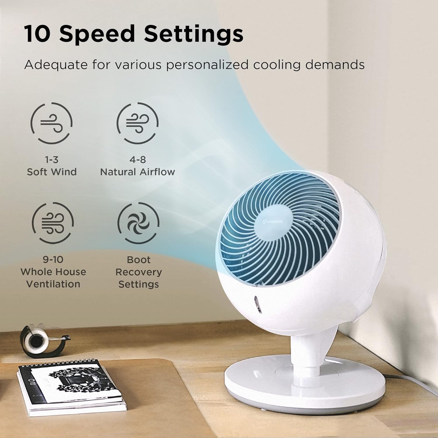 AIRMATE Large Air Circulator Fan for Bedroom, 120°+90°Oscillating Fan with Remote,12in Quiet Cooling Fans, Personal Floor Fan with Timer,10 Speeds DC Fan for Home, Office, Dorm [White]
