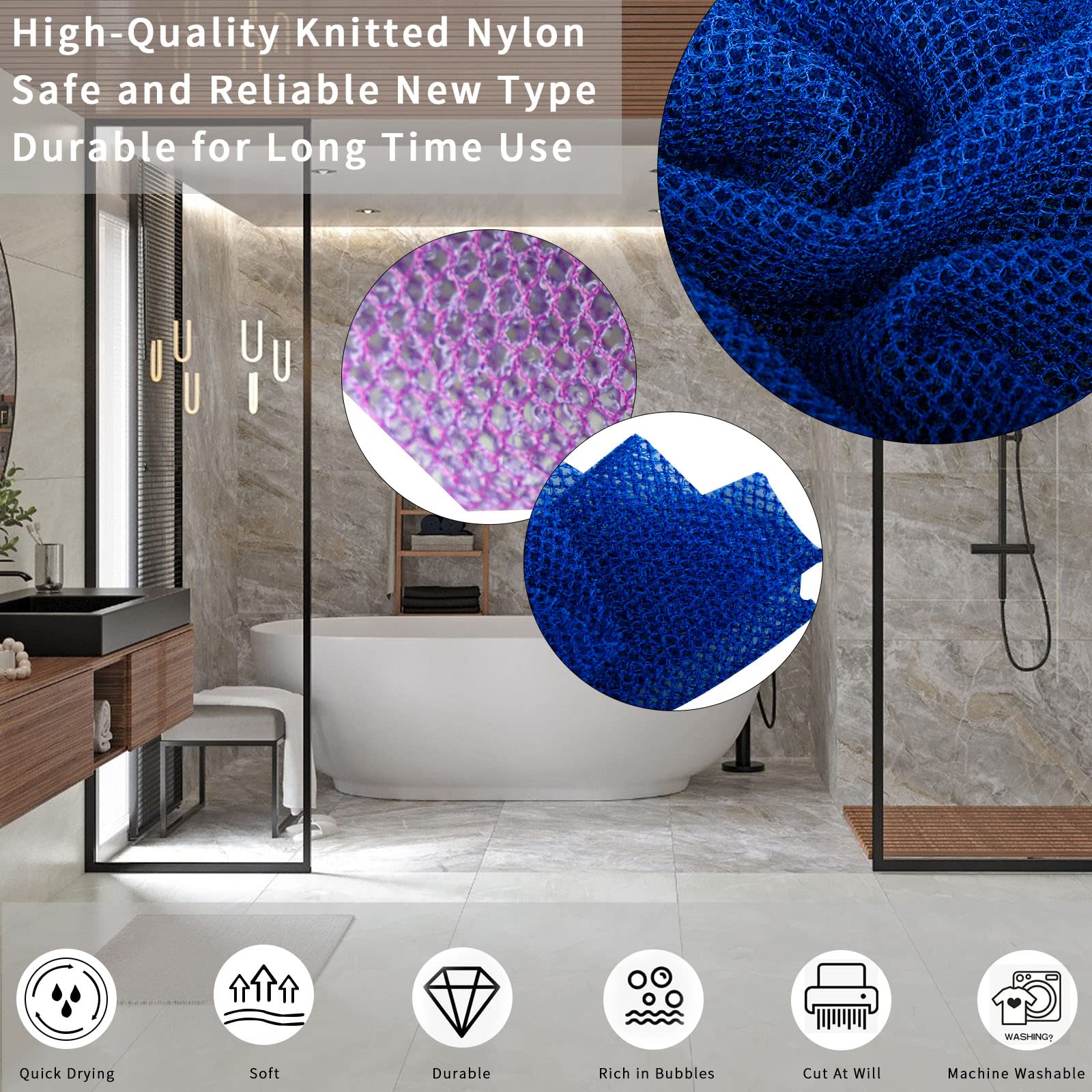 African Net Sponge 4PCS African Exfoliating Net Long Nylon African Sponge Exfoliating Net Bath Net for Daily Exfoliating Body Scrubber Back Scrubber Shower Skin Smoother (Blue,Purple,Yellow,Pink)