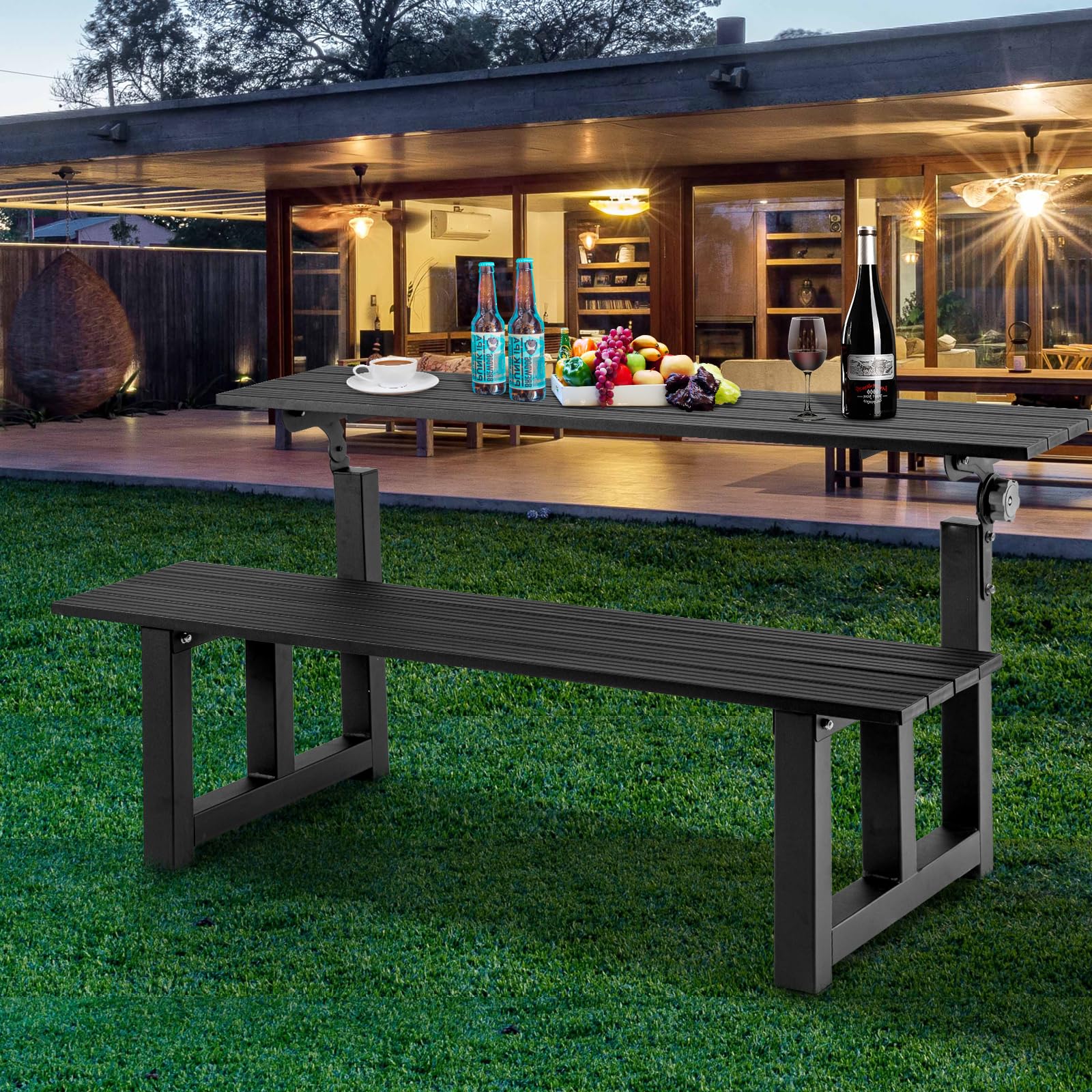 Ajikgn Aluminum Outdoor Convertible Bench Black, Total 400 LBS Load Capacity Bench Light Weight, All-in-one Table & Bench, Multi-Functional Outdoor Bench/Work Table for Park Garden,Patio and Lounge