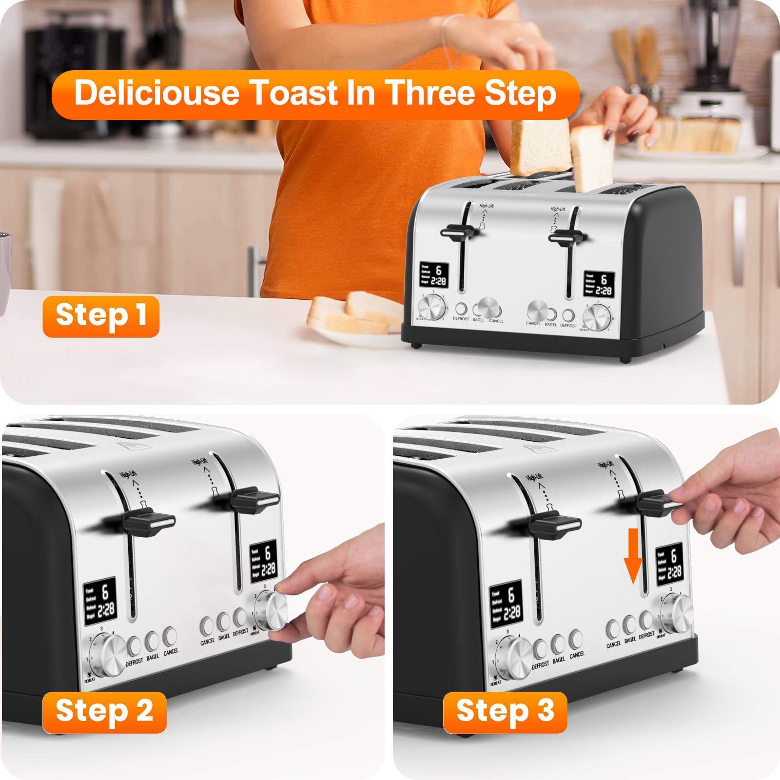Toaster 4 Slice,Ultra-Clear Led Display, Dual Control Panels With Independent Settings,Retro Stainless Steel Toaster Wide Slot for Waffles, 4 Slice Toaster with Bagel LainstenT-5057D (Black)