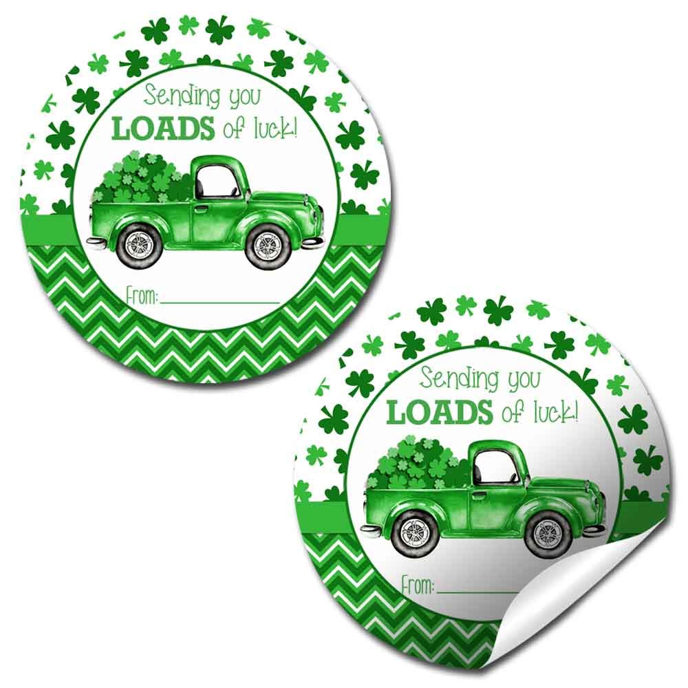Loads of Luck Green Pickup Truck with Clover St. Patrick’s Day Gift Tag Sticker Labels for Kids, 40 2" Party Circle Stickers by AmandaCreation, Great for Party Favors, Envelope Seals & Goodie Bags