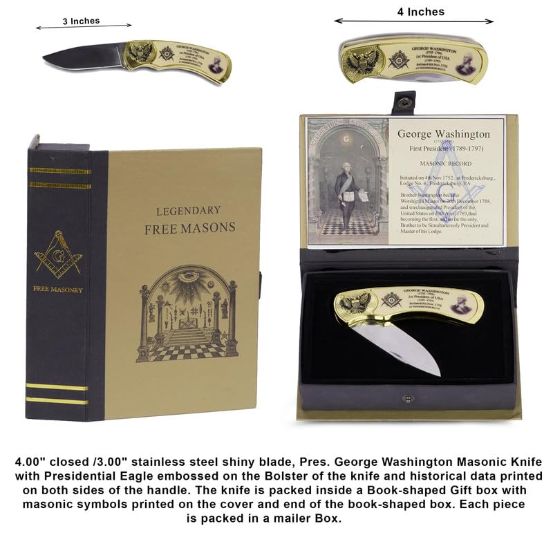 Trendy Zone 21 US President George Washington Legendary Freemason Masonic Knife with Presidential Eagle Embossed Masonic Symbols Masonic Folding Pocket Knife|3" Stainless Steel Blade