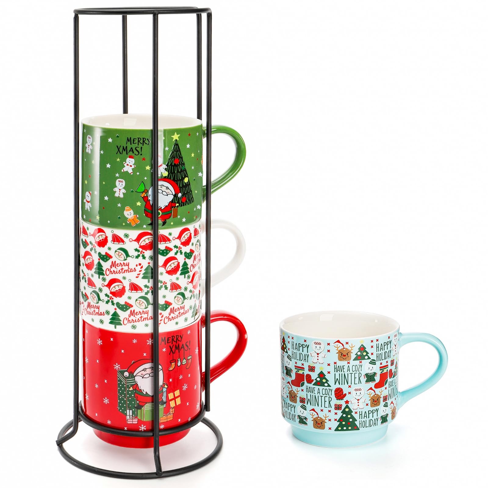Elsjoy Set of 4 Christmas Stackable Coffee Mugs with Rack, 15 oz Christmas Coffee Mugs with Metal Stand Ceramic Mug Set, Xmas Holiday Cappuccino Cups for Cocoa, Latte, Americano