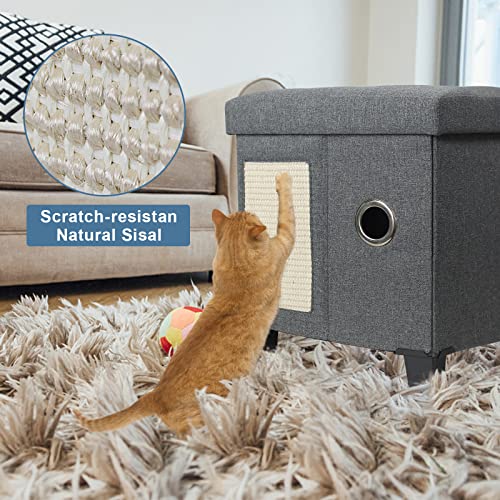BRIAN & DANY Foldable Cat Bed for Indoor Cats, Large Cat Cube for Pet Cat House with Cat Scratch Board & Cat Ball, 14.7β x 12.7β x 14.1β, Grey