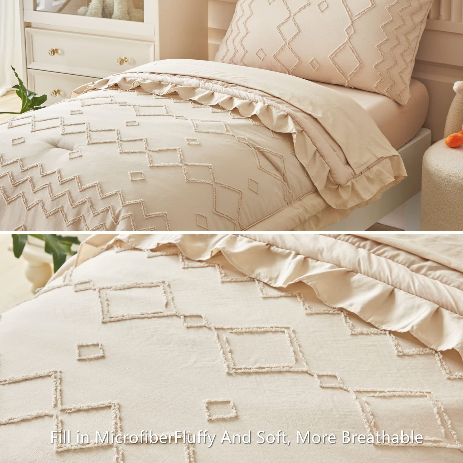 AIKASY Toddler Bedding Set 4 Pieces Super Soft Comforter Set, Shabby Boho Bohemian Design for Boys and Girls(Ruffle Fringe Comforter, Flat Sheet, Fitted Sheet and Pillowcase)- Khaki