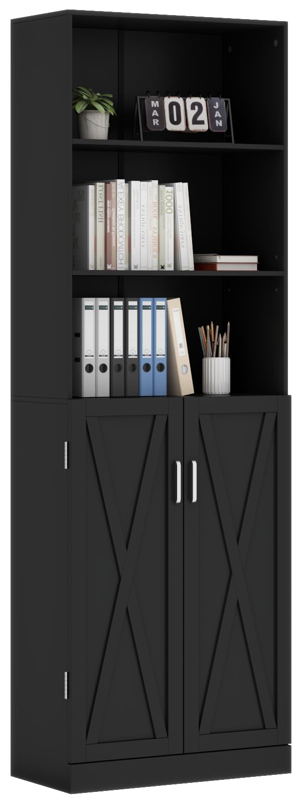 Loomie Industrial Boolshelf with Door, 6 Tier Farmhouse Book Shelf with Adjustable Shelves,70" Tall Display Etagere Bookcase,Floor Standing Unit Book Case Furniture for Home Office,Living Room (Black)